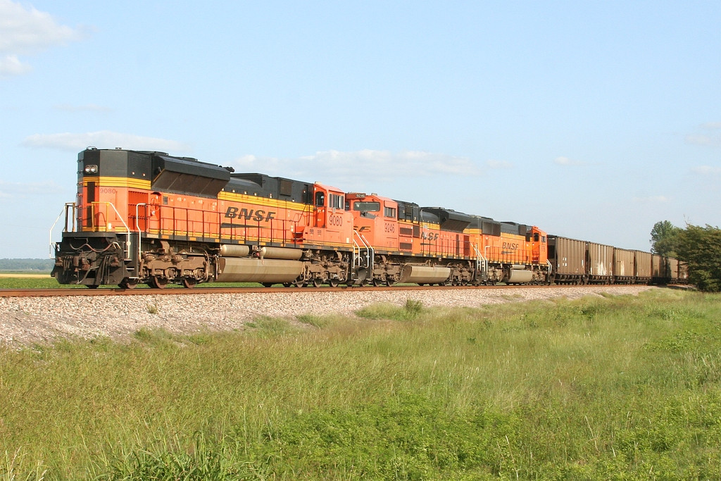 BNSF DPU set for loaded coal train SB
